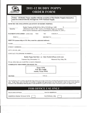 Fillable Online texasvfw Buddy Poppy Order Form - Department of Texas ...