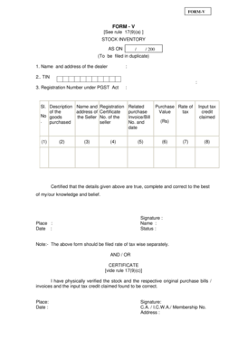 Fillable Online FORM-V FORM - V See rule 17(9)(a) STOCK INVENTORY AS ON ...