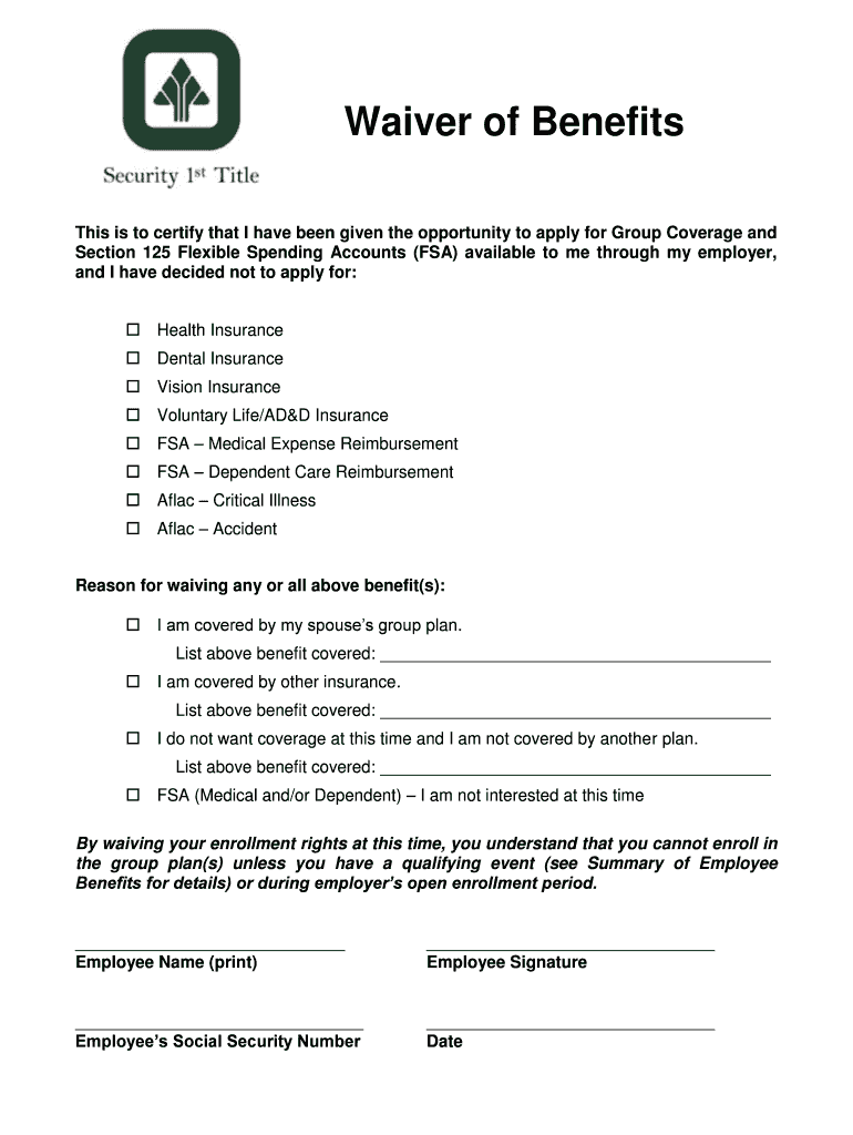 Fillable Online Waiver of Benefits Form - PCMS Fax Email Print - pdfFiller