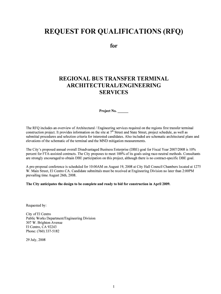 Fillable Online cityofelcentro REQUEST FOR QUALIFICATIONS (RFQ) - City of El Centro Fax Email ...