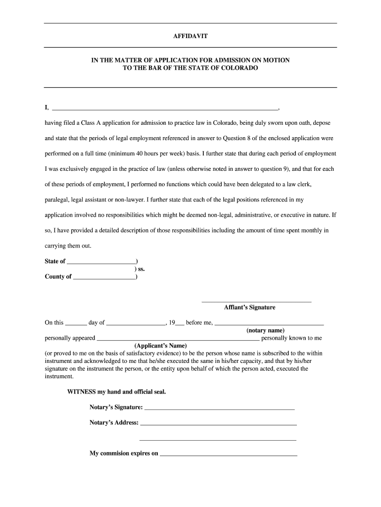 Fillable Online AFFIDAVIT IN THE MATTER OF APPLICATION FOR ADMISSION ON ...