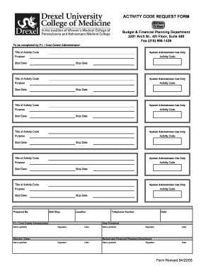 Fillable Online drexelmed ACTIVITY CODE REQUEST FORM Budget & Fax Email Print - pdfFiller