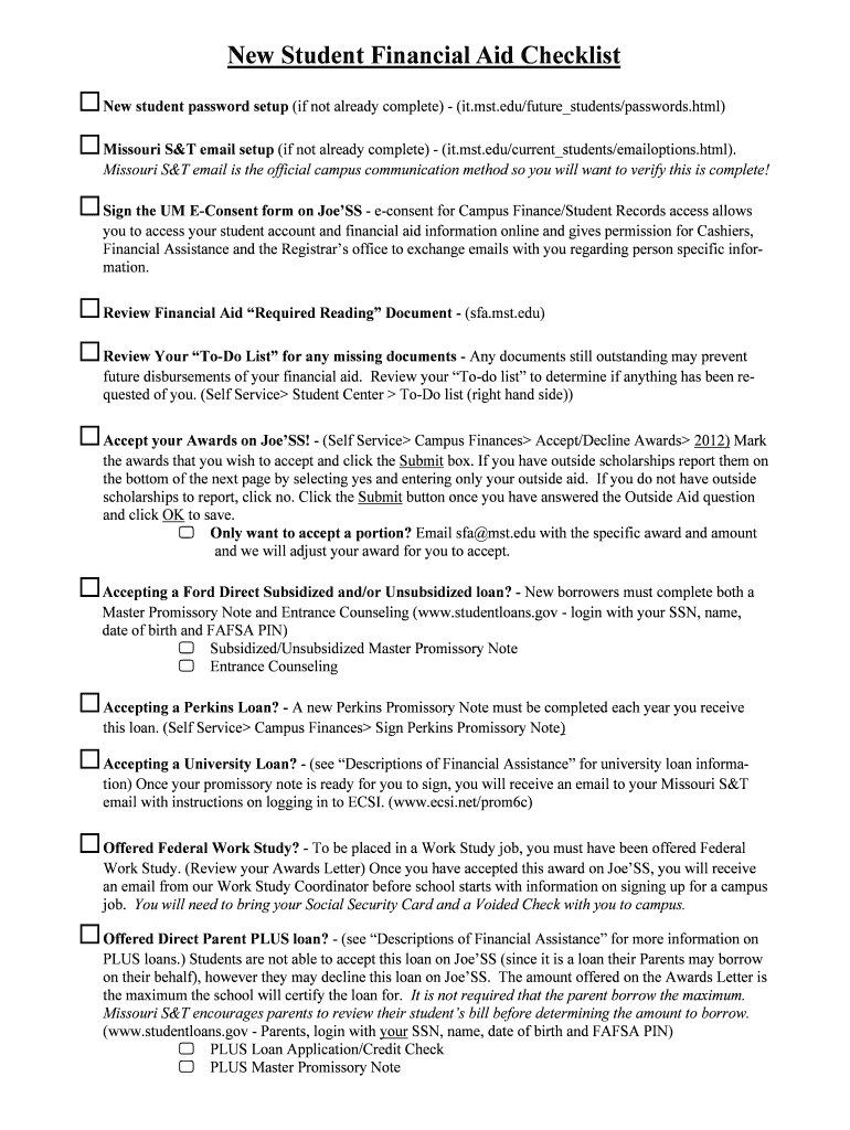 Fillable Online sfa mst New Student Financial Aid Checklist Fax Email ...