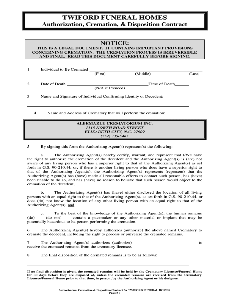 Fillable Online Authorization, Cremation & Disposition Contract Fax ...