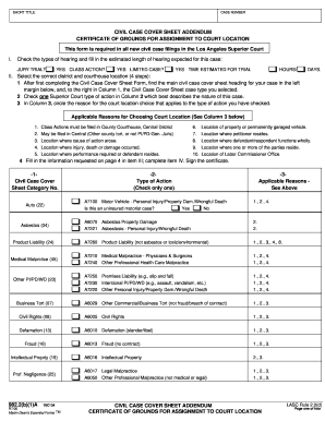 Fillable Online CIVIL CASE COVER SHEET ADDENDUM CERTIFICATE OF ... Fax ...