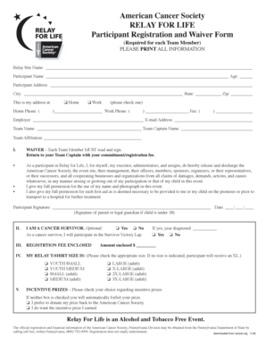 Fillable Online relay acsevents Relay For Life Participant Registration Form - relay acsevents ...