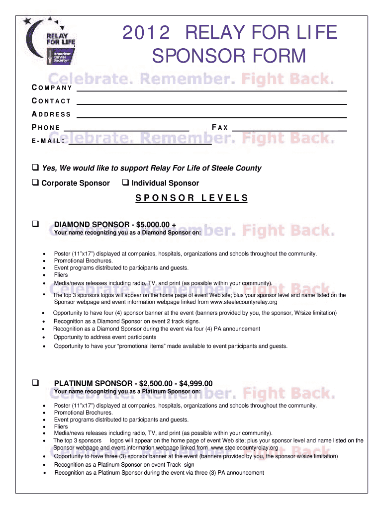Fillable Online relay acsevents SPONSOR FORM 201 2 RELAY FOR LIFE Fax ...
