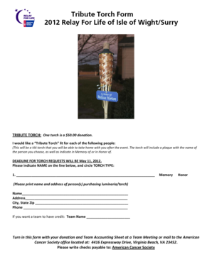 Fillable Online relay acsevents Tribute Torch Form 2012 Relay For Life ...