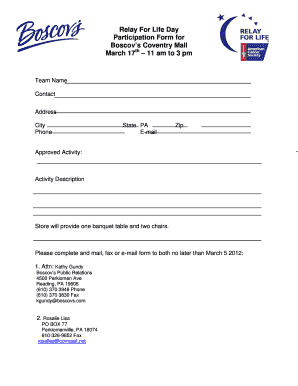 Fillable Online relay acsevents Relay For Life Day Participation Form ...