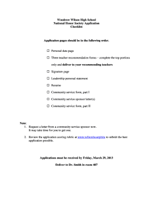 Fillable Online National Honor Society Application Form - Woodrow ...