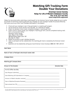 Fillable Online relay acsevents Matching Gift Matching Gift Tracking Form Double ... - Relay For ...