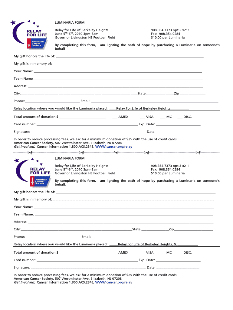 Fillable Online relay acsevents LUMINARIA FORM Relay for Life of ...