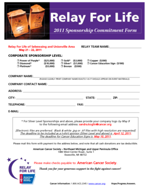 Fillable Online relay acsevents 2011 Sponsorship Commitment Form Relay For Life of Sebewaing and ...