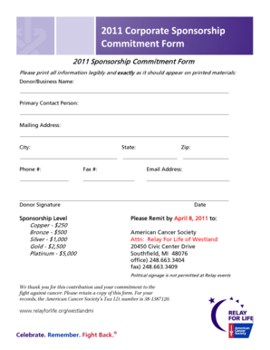 Fillable Online relay acsevents 2011 Sponsor Commitment Form - Westland ...