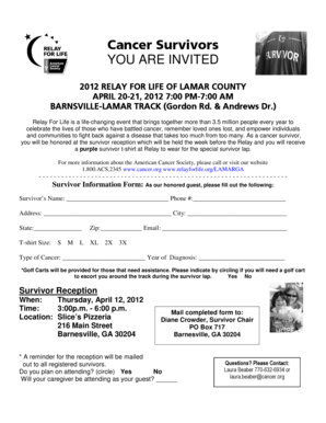 Fillable Online relay acsevents 2012 Lamar Survivor and Reception Form ...