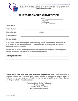 Fillable Online relay acsevents 2012 TEAM ON-SITE ACTIVITY FORM - Relay ...