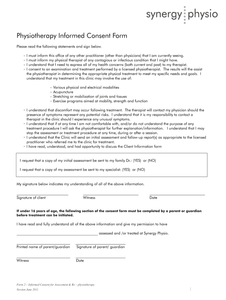 Physiotherapy Consent Form Template - Fill Online, Printable, Fillable, Blank | pdfFiller