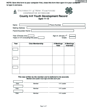 Fillable Online extension unh County 4-H Youth Development Record Fax ...