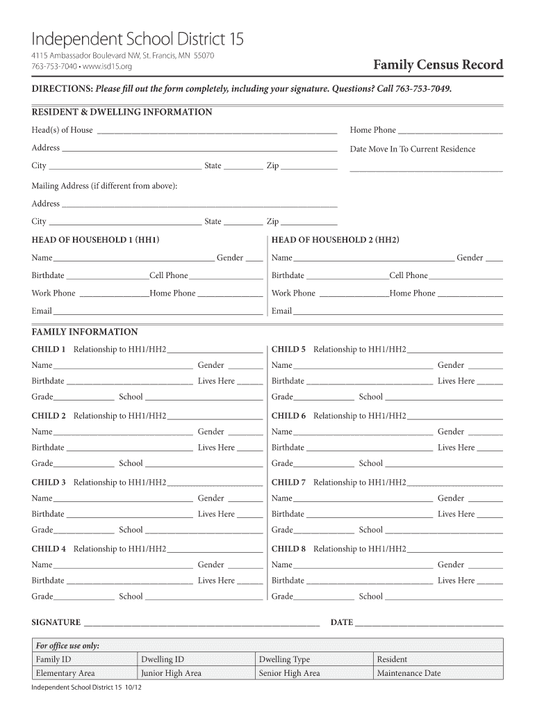 Fillable Online stfrancis k12 mn Family Census Record Fax Email Print ...