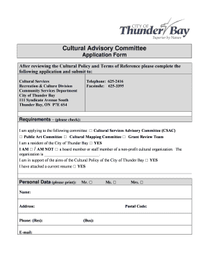 Fillable Online thunderbay Cultural Advisory Committee Application Form ...