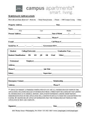 Fillable Online UBTENANT APPLICATION - Campus Apartments Fax Email ...