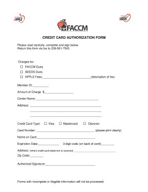 Fillable Online faccm CREDIT CARD AUTHORIZATION FORM - FACCM Fax Email ...