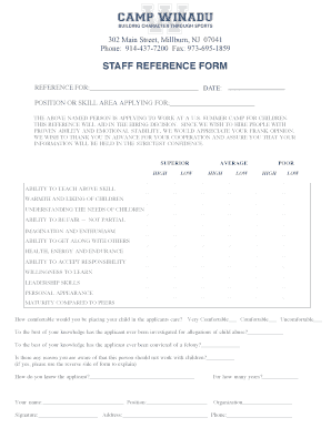 Fillable Online Staff Printable Reference Form - Camp Winadu Fax Email ...