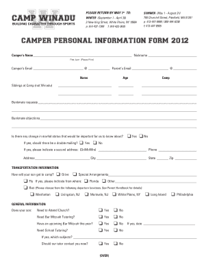 Fillable Online Camper personal information form 2012 - Camp Winadu Fax ...