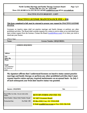 Fillable Online nclmft Inactive License Form - NC Marriage and Family ...