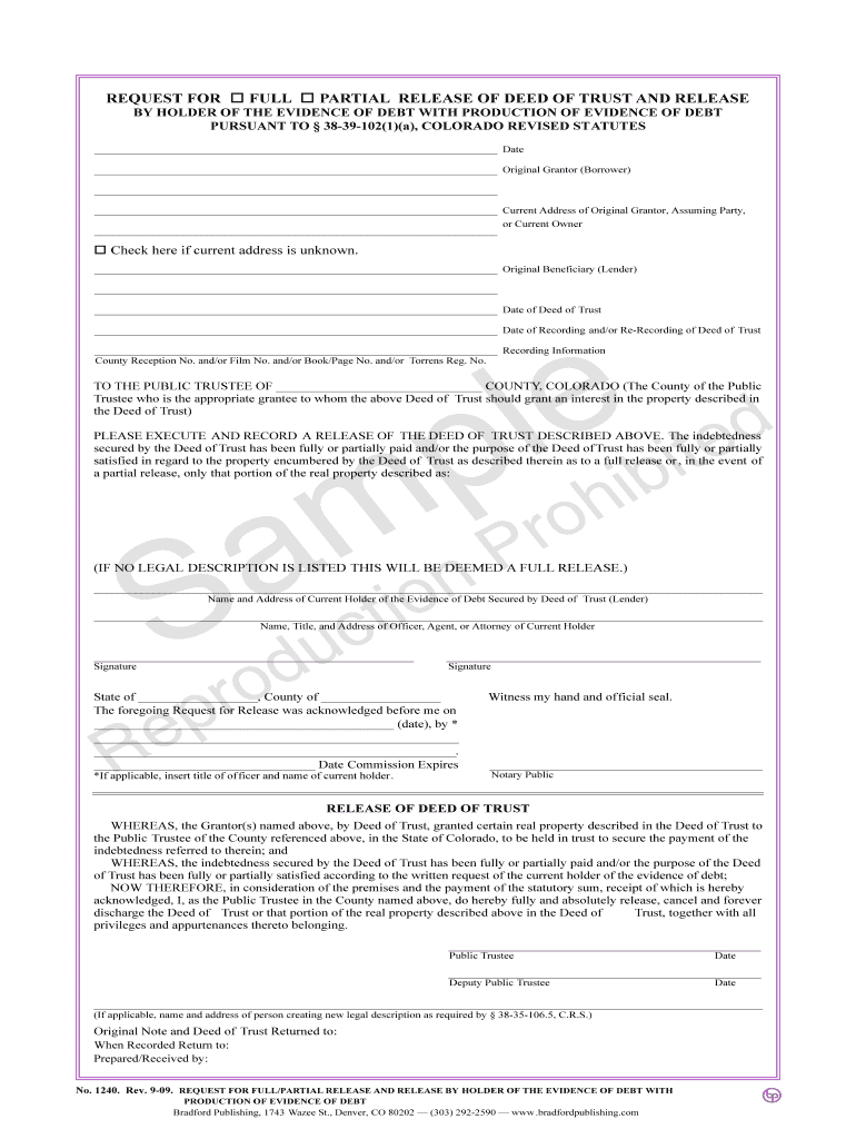 Fillable Online REQUEST FOR FULL PARTIAL RELEASE OF DEED OF TRUST AND ...