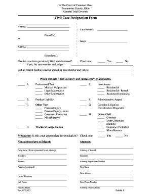 Fillable Online co tuscarawas oh Civil Case Designation Form ...