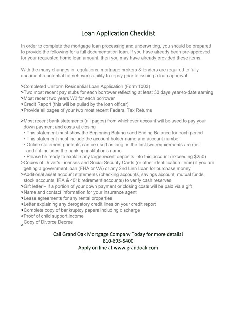 Fillable Online Loan Application Checklist (NEW FORM) - Grand Oak Mortgage Fax Email Print ...