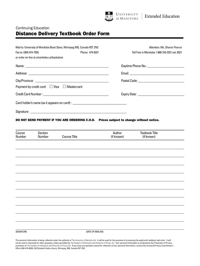 Fillable Online umanitoba Distance Delivery Textbook Order Form ...