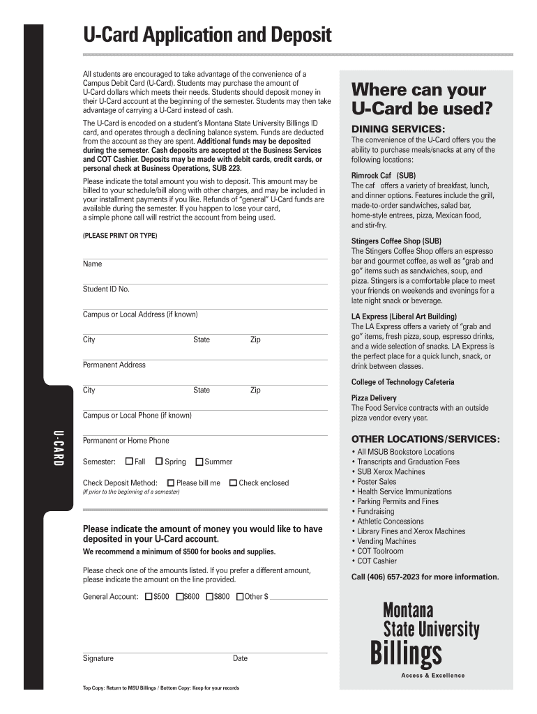 Fillable Online U-Card Application and Deposit All students are ...