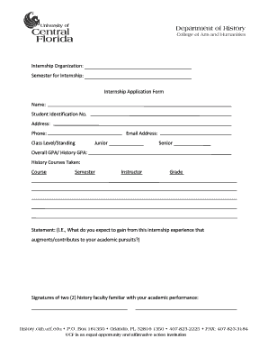 Fillable Online history cah ucf Internship Organization Semester for ...