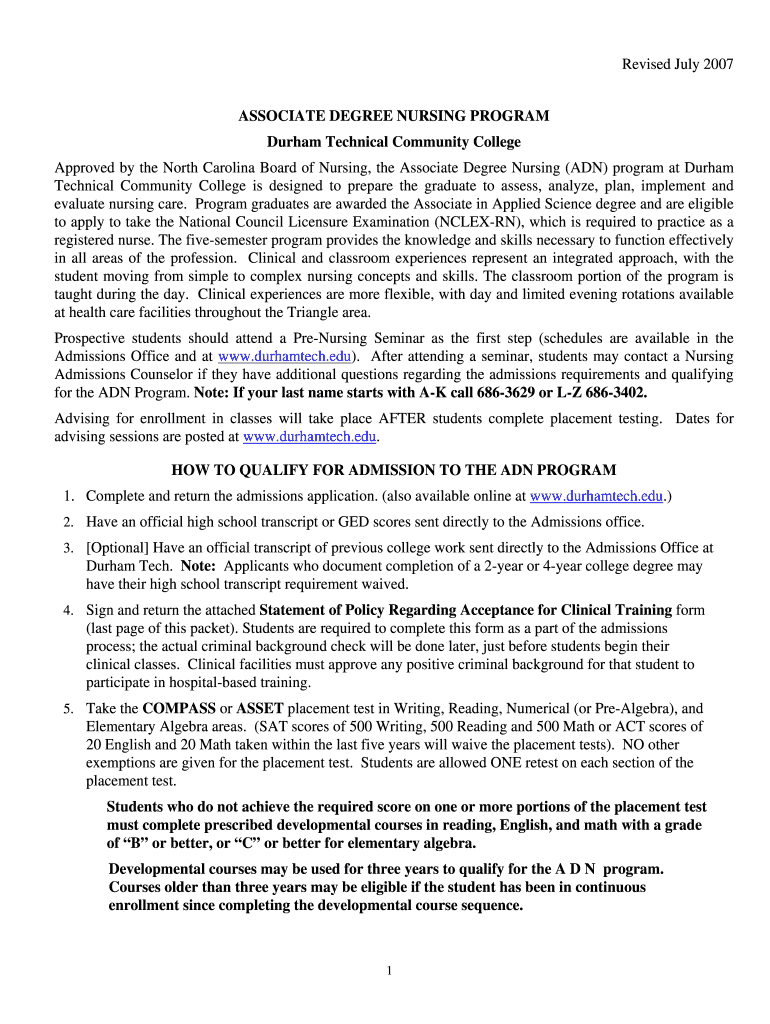 Fillable Online durhamtech ASSOCIATE DEGREE NURSING PROGRAM Durham ...