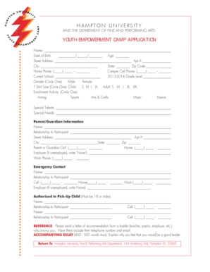 Fillable Online Youth empowerment camp application - Hampton University ...