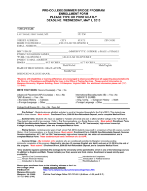 Fillable Online PRE-COLLEGE/SUMMER BRIDGE PROGRAM ENROLLMENT FORM ...