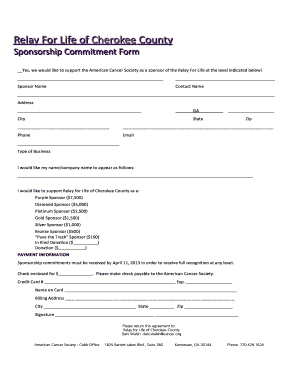Fillable Online relay acsevents RELAY FOR LIFE 2013 Sponsorship Commitment Form - relay ...