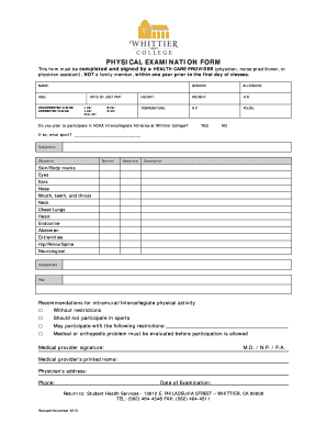 Fillable Online whittier PHYSICAL EXAMINATION FORM - Whittier College - whittier Fax Email Print ...