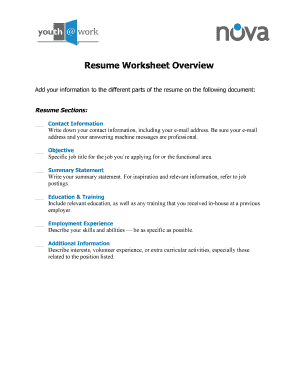 Fillable Online files novaworks Resume Worksheet Overview - NOVA ...