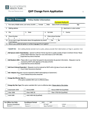 Fillable Online swhp QHP Change Form Application 1 - Scott & White ...