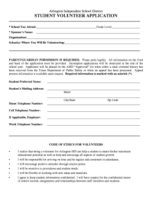 Fillable Online STUDENT VOLUNTEER APPLICATION - AISD.net Fax Email ...