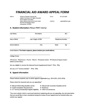 Fillable Online in FINANCIAL AID AWARD APPEAL FORM - State of Indiana ...