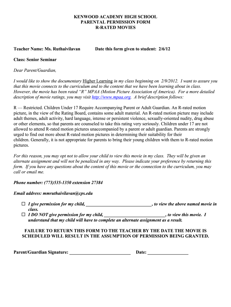 Fillable Online Kenwoodacademy Movie Permission Slip Kenwood Academy 