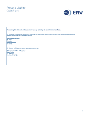 Fillable Online Personal Liability Claim Form - ERV Insurance Fax Email ...