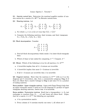 Fillable Online 1 Linear Algebra I - Tutorial 7 Q1 : Hermite normal form. Determine ... Fax ...