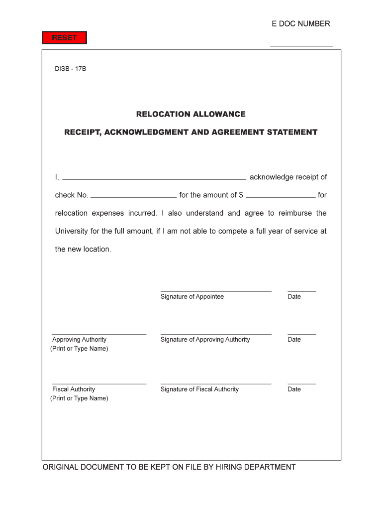 Fillable Online hawaii RELOCATION ALLOWANCE bRECEIPTb ACKNOWLEDGMENT ...