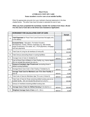 Fillable Online w brycs Short Form AVERAGE COST OF CARE Some members ...