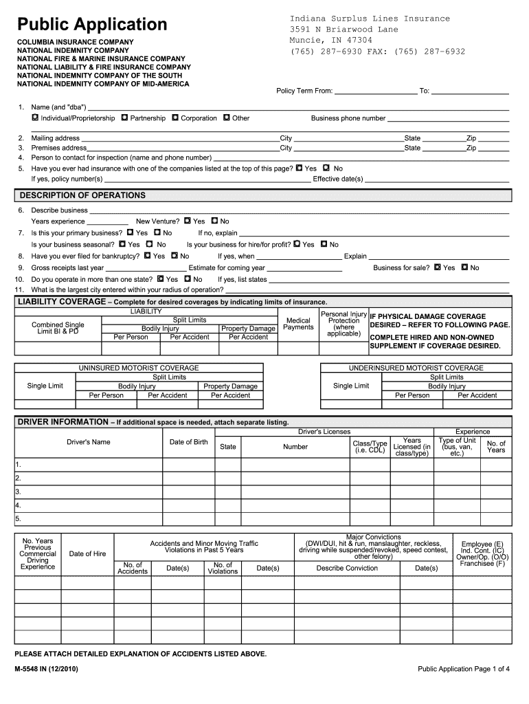 Fillable Online Public Auto - Indiana Surplus Lines Insurance Fax Email ...